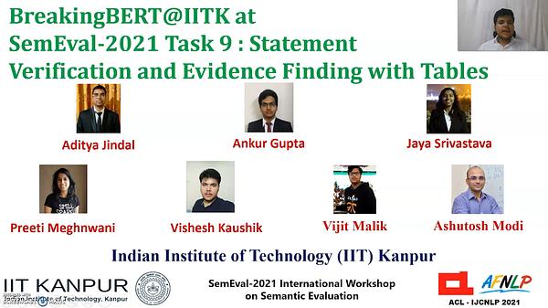 BreakingBERT@IITK at SemEval-2021 Task 9 : Statement Verification and Evidence Finding with ...