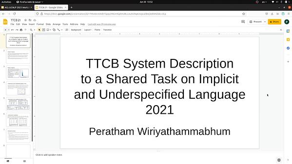 Underline | TTCB System Description to a Shared Task on Implicit and Underspecified Language 2021