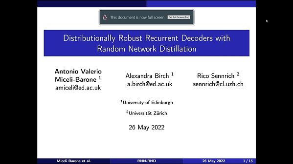 Underline Distributionally Robust Recurrent Decoders With Random Network Distillation