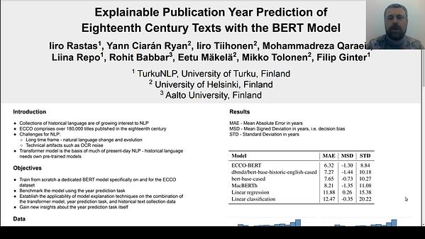 Underline | Explainable Publication Year Prediction of Eighteenth Century Texts with the BERT Model