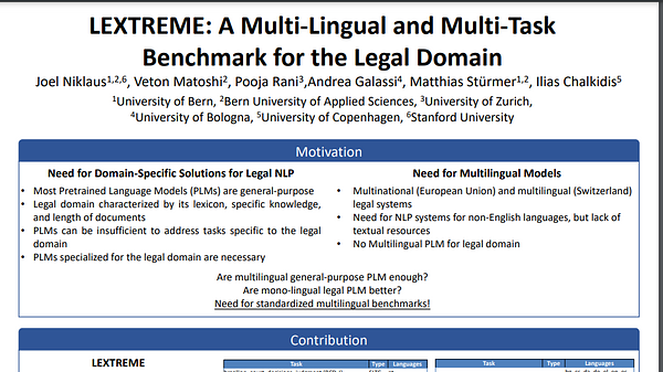 LEXTREME: A Multi-Lingual and Multi-Task Benchmark for the Legal Domain | Underline